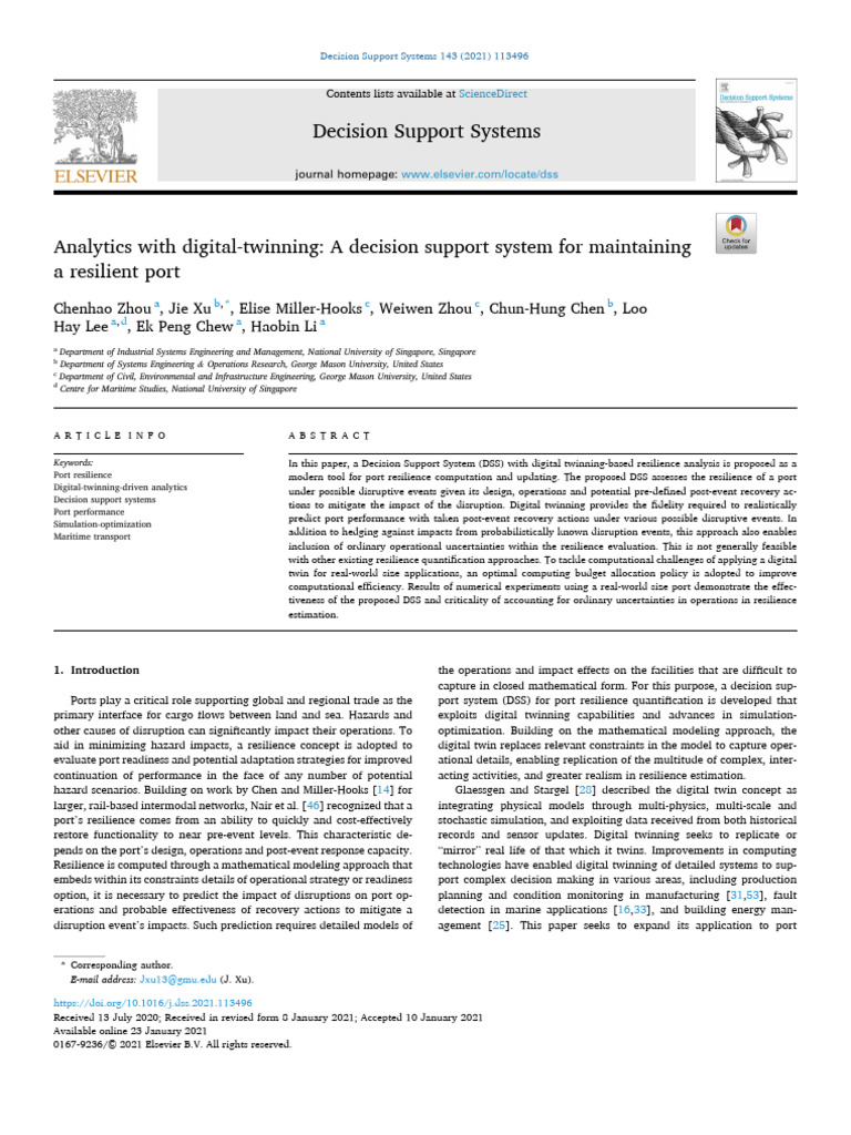 Analytics With Digital-Twinning - A Decision Support System For Maintaining A Resilient Port | PDF