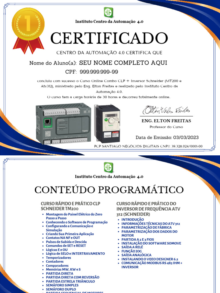 5 Exemplo Certificado Conclus%C3%A3o Combo CLP Inversor Schneider | PDF