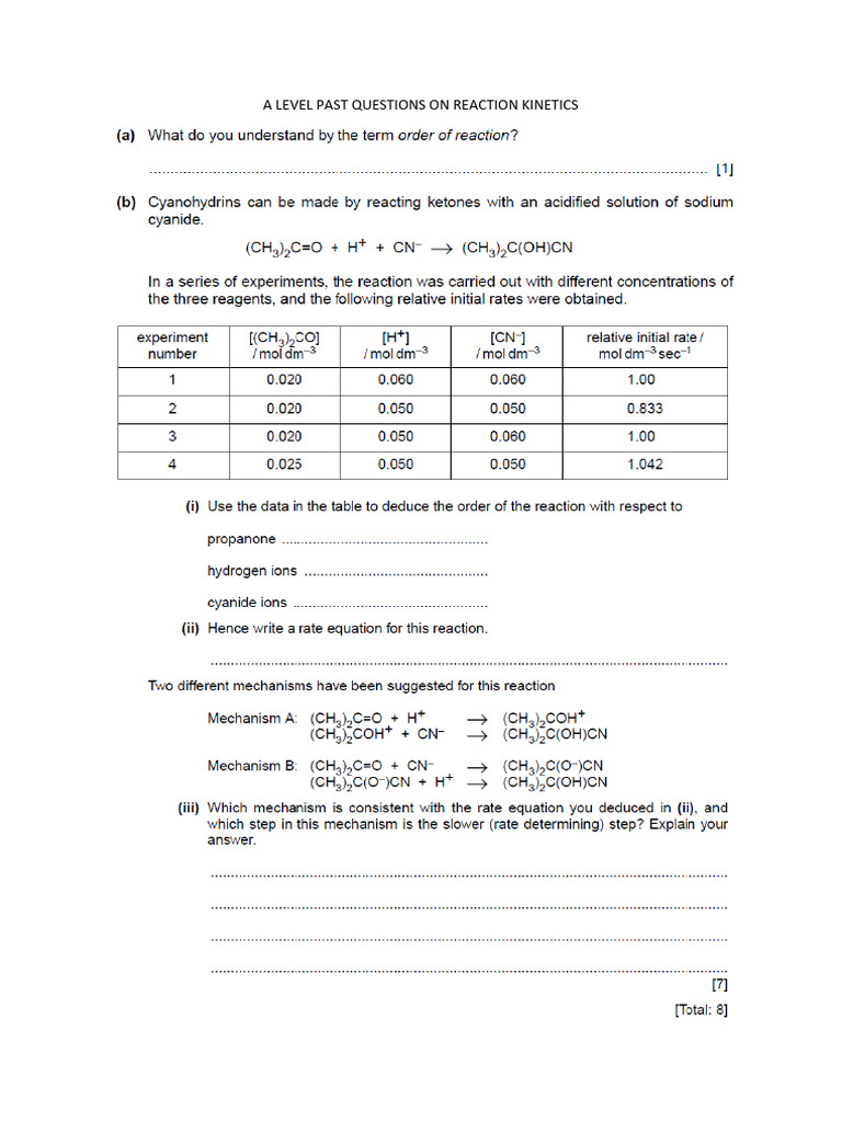 A Level Past Questions On Reaction Kinetics | PDF
