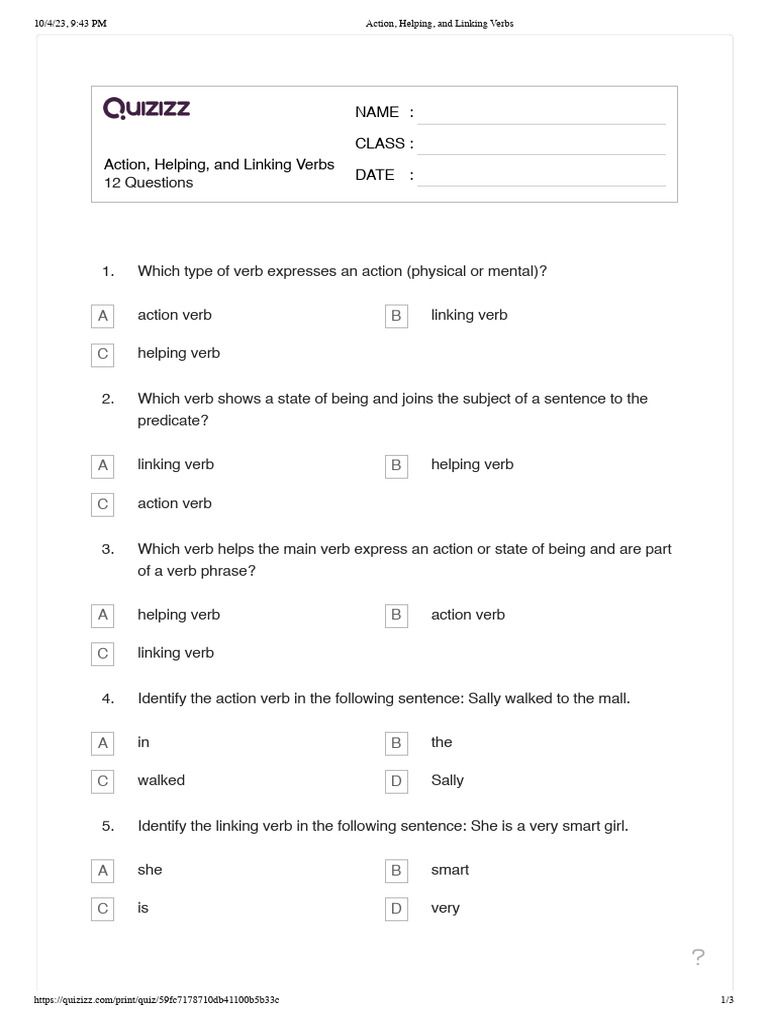 Action, Helping, and Linking Verbs | PDF | Verb | Sentence (Linguistics)