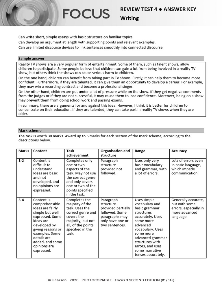 Focus3 2E Review Test 4 Units1 8 Writing ANSWERS | PDF | Cognition ...