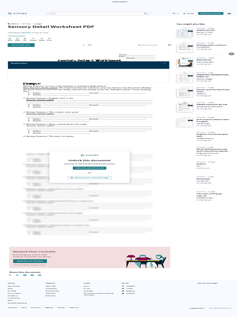 Sensory Detail Worksheet PDF - PDF - Perception - Neuropsychological Assessment | PDF | Scribd
