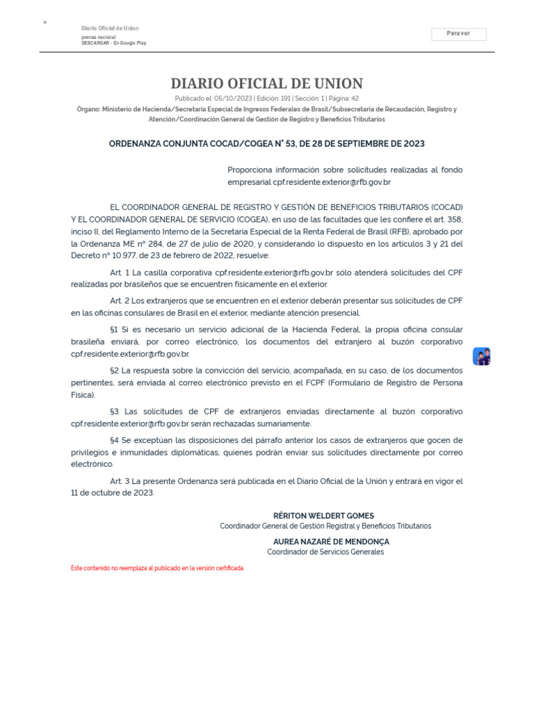 Diario Oficial de Union: Ordenanza Conjunta Cocad/Cogea #53, de 28 de ...