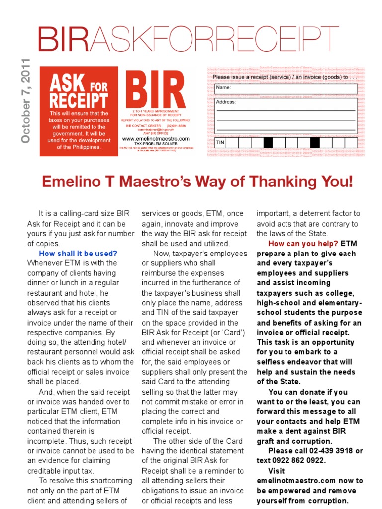EMELINO T MAESTRO BIR Ask for Receipt | Invoice | Receipt
