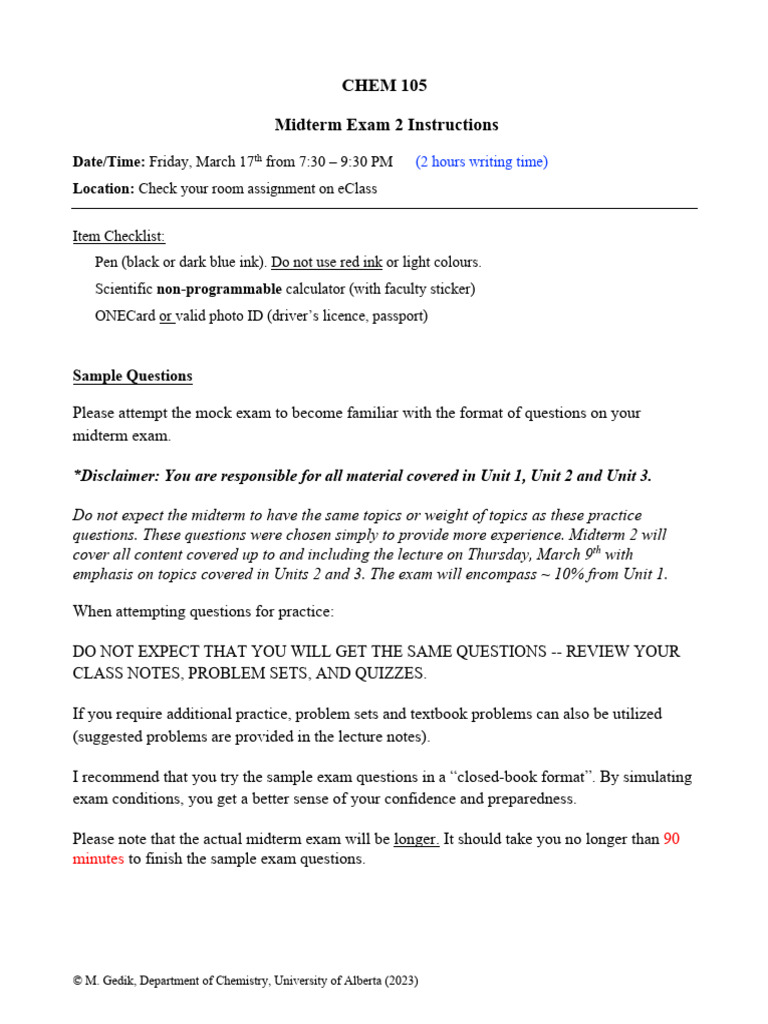 CHEM 105 Sample Midterm 2 Questions | PDF | Coordination Complex ...