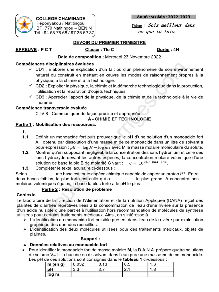 Devoir Du 1er Trimestre PCT Tle C 2022-2023 College Chaminade | PDF | Ph | Champ magnétique