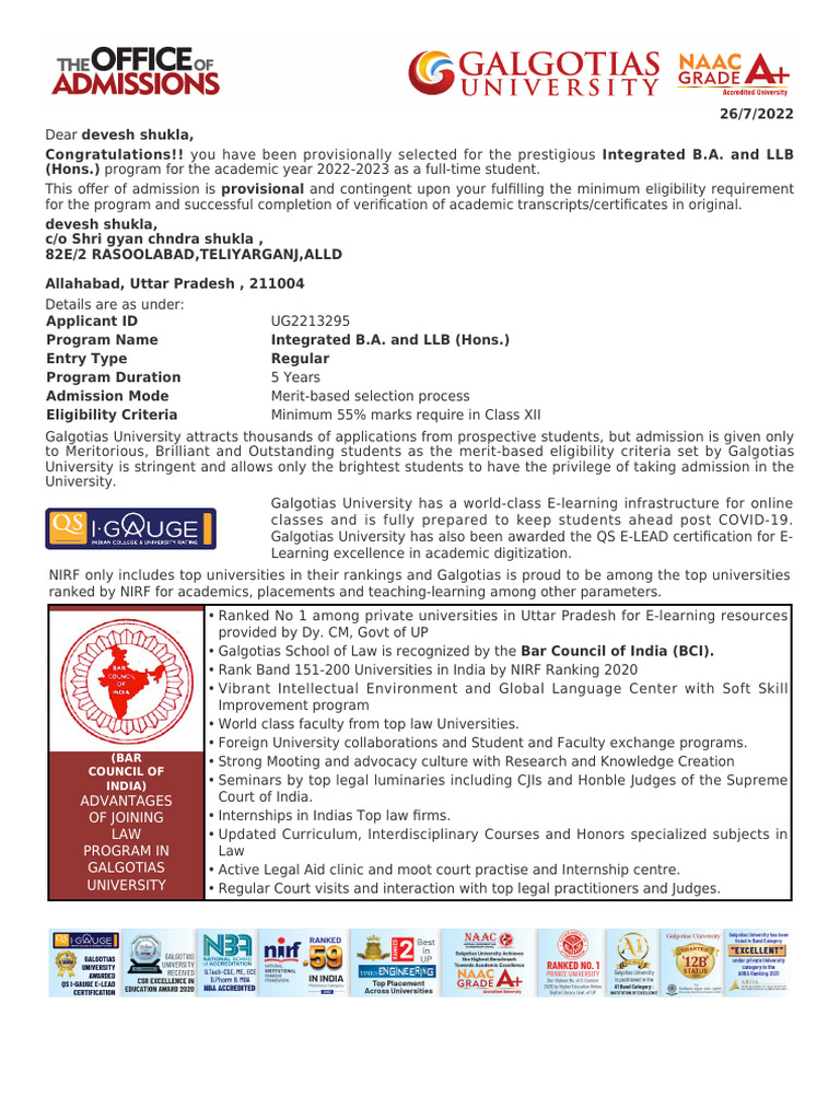 OFFER LETTER Galgotias University | PDF