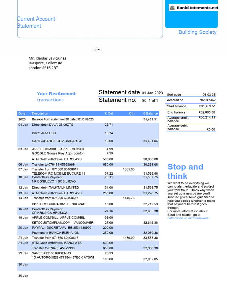 NBS Bank Statement Jan 2023 | PDF