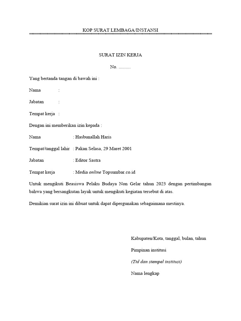 Contoh Surat Izin Kerja | PDF