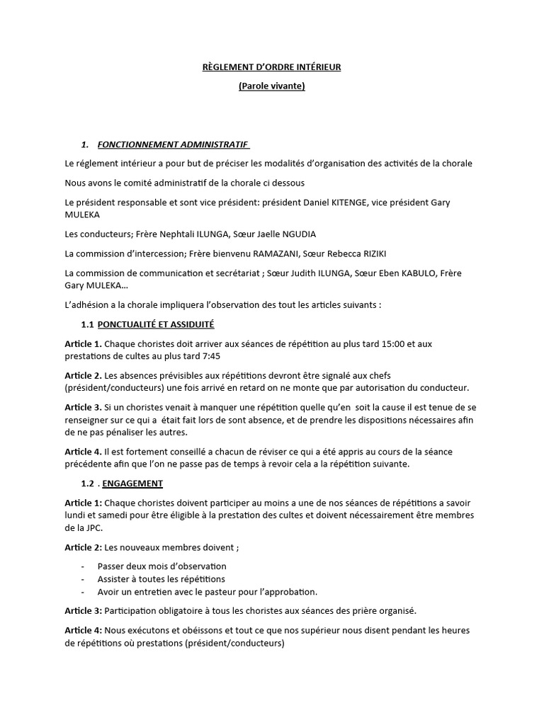 Règlement intérieur de la chorale | PDF