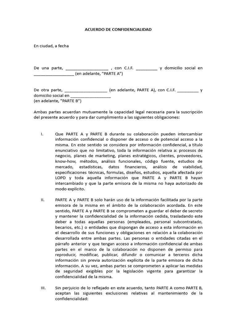 Template NDA Español | PDF | Confidencialidad | Acuerdo de no divulgación