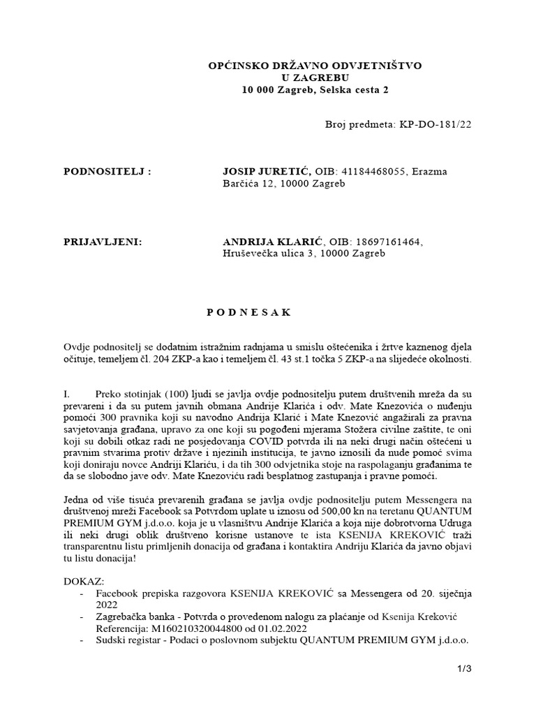 Podnesak Andrija Klarić | PDF