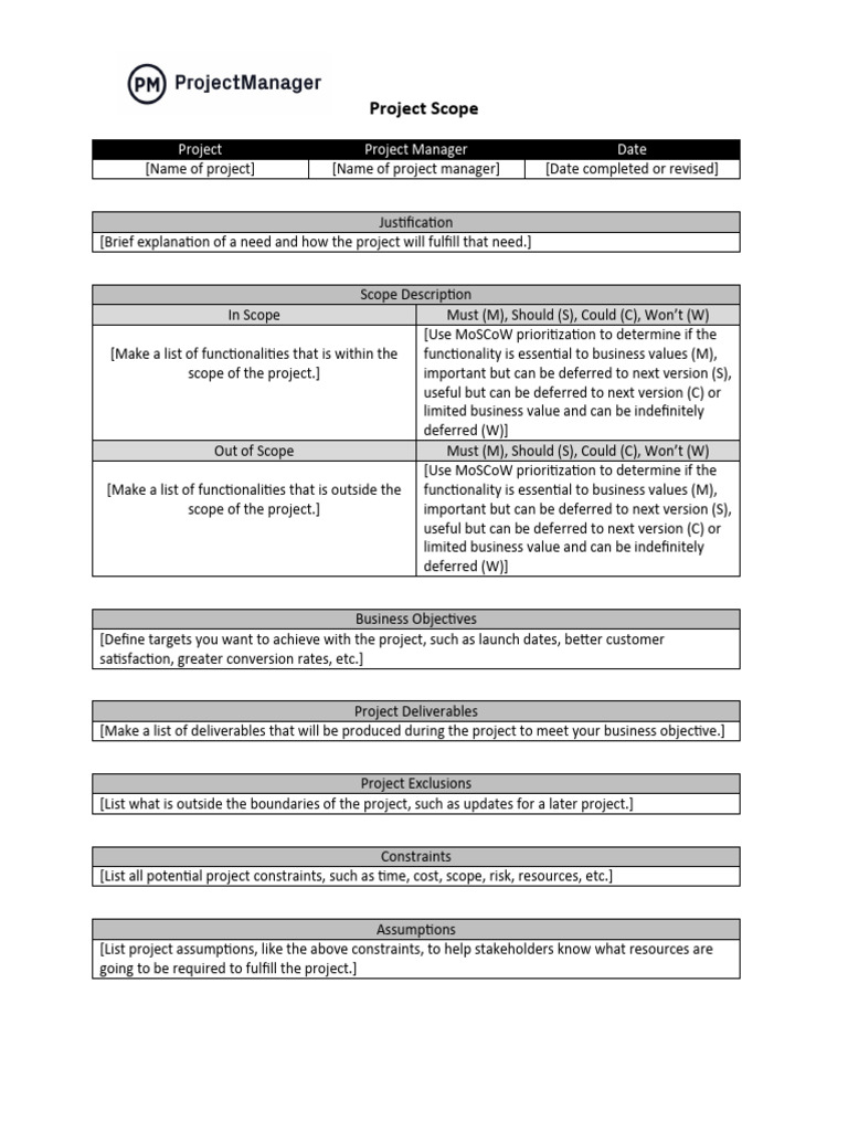 Free Project Scope Template ProjectManager ND23 | PDF Free Project Scope Template ProjectManager ND23 | PDF