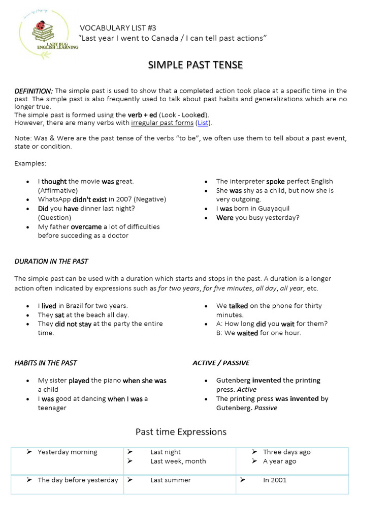 Vocabulary List - Past Tense | PDF | Grammatical Tense | Verb