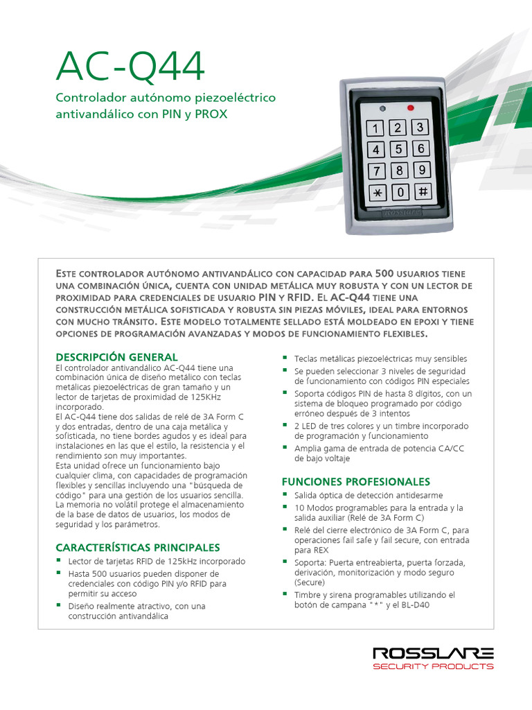 Teclado Rosslare Ac-Q44 Antivandalico | PDF | Identificación de ...