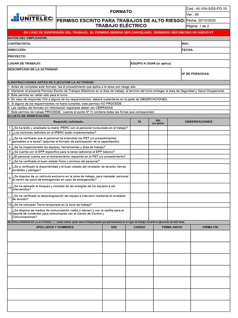 UNI-SGS-FO-10 PETAR Trabajos Eléctricos Ver. 00 | PDF | Negocios ...