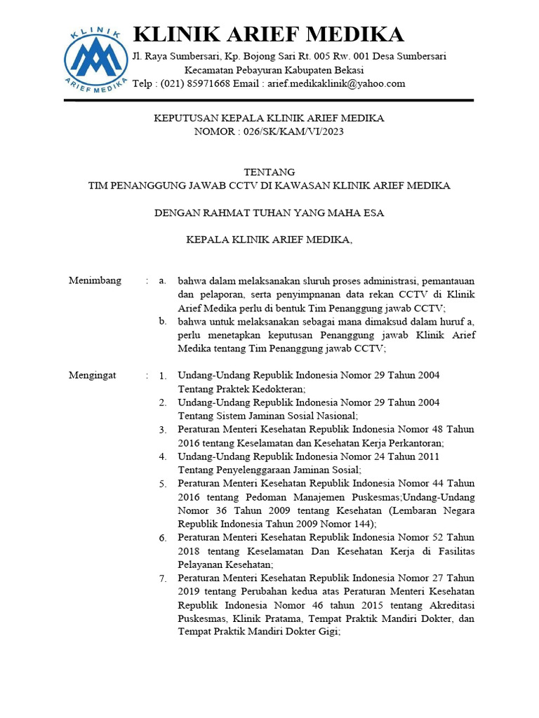 Sk Tim Penanggung Jawab Cctv Di Kawasan Klinik Arief Medika Pdf