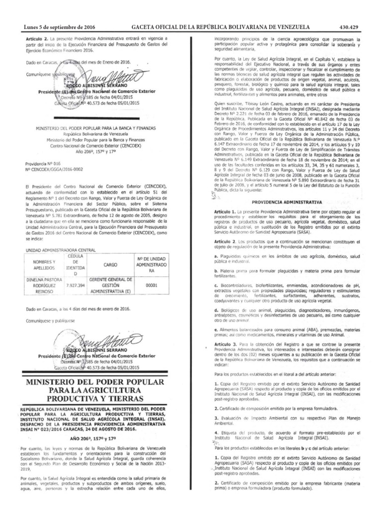Ven168045.pdf Providencia Insai Registro Productos 2016 | PDF | Venezuela | Agricultura