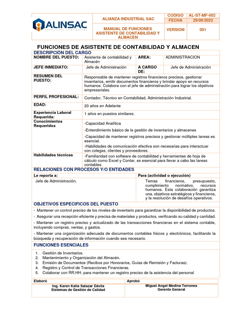 Mof de Asistente de Contabilidad y Almacen | PDF | Contabilidad | Business