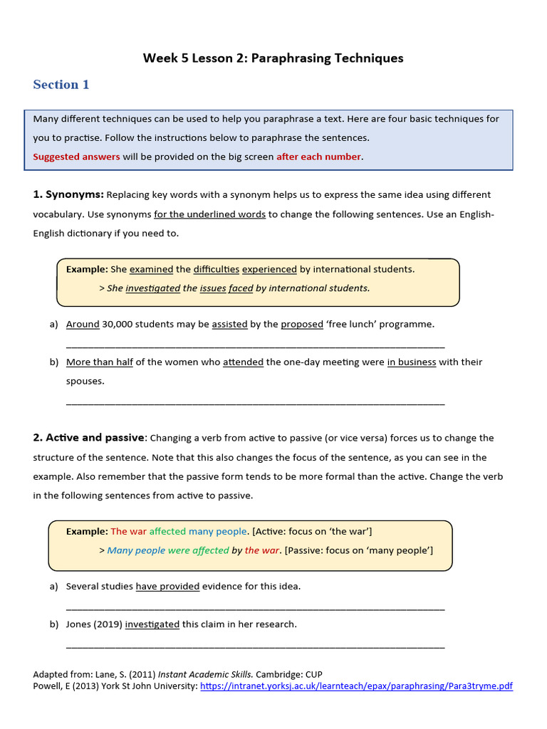 W5 L2 Paraphrasing Techniques | PDF | Sentence (Linguistics) | Phrase