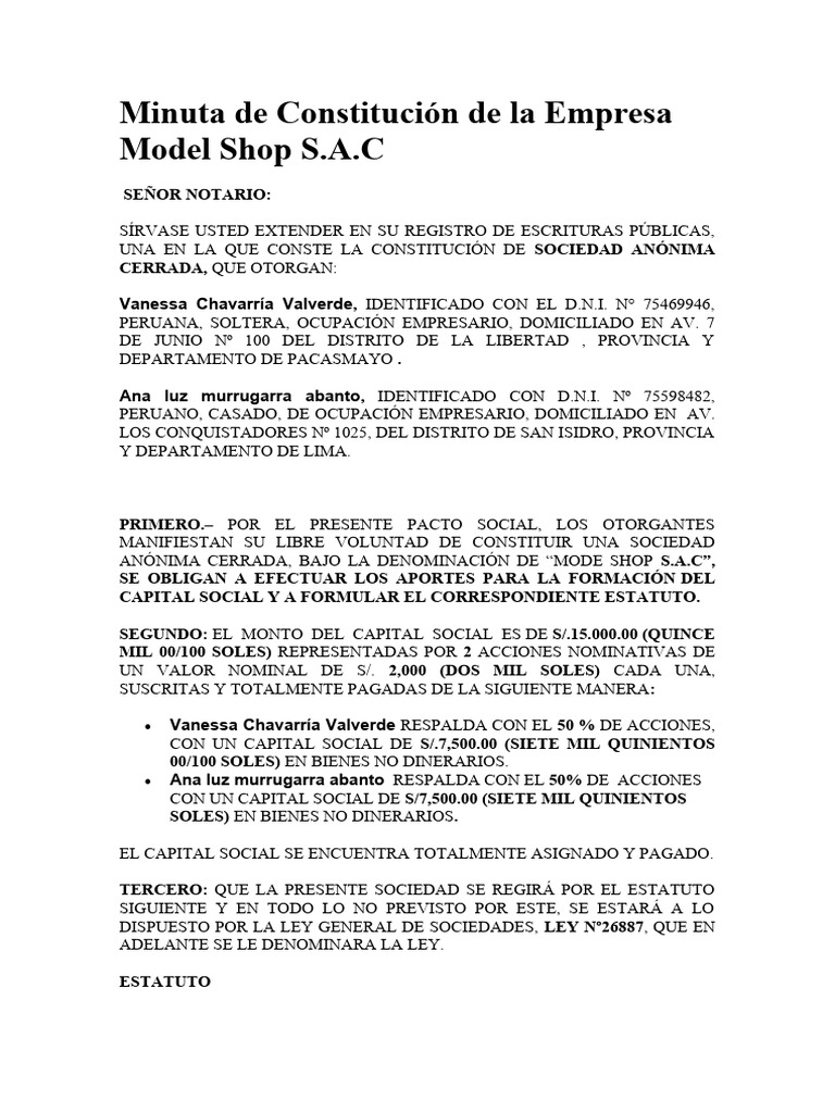 Minuta de Constitución de Empresa MODEL SHOP | PDF | Business