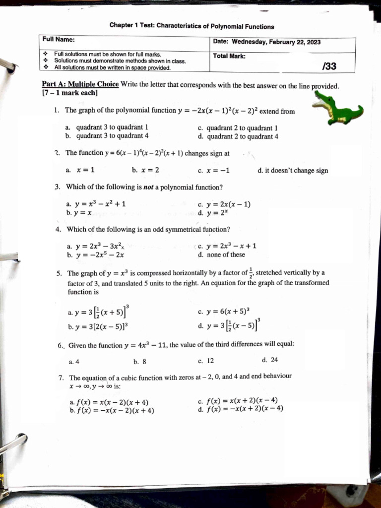 Polynomial Functions Test Questions | PDF | Teaching Methods & Materials