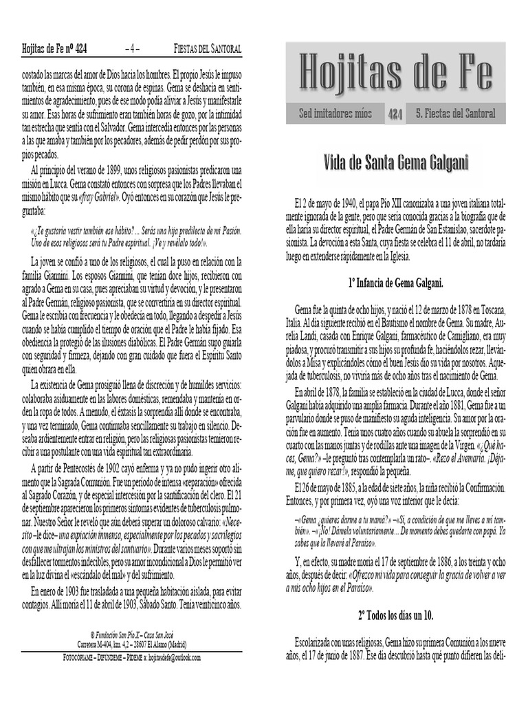 Hojitas De Fe 424 A4 Vida De Santa Gema Galgani Descargar Gratis