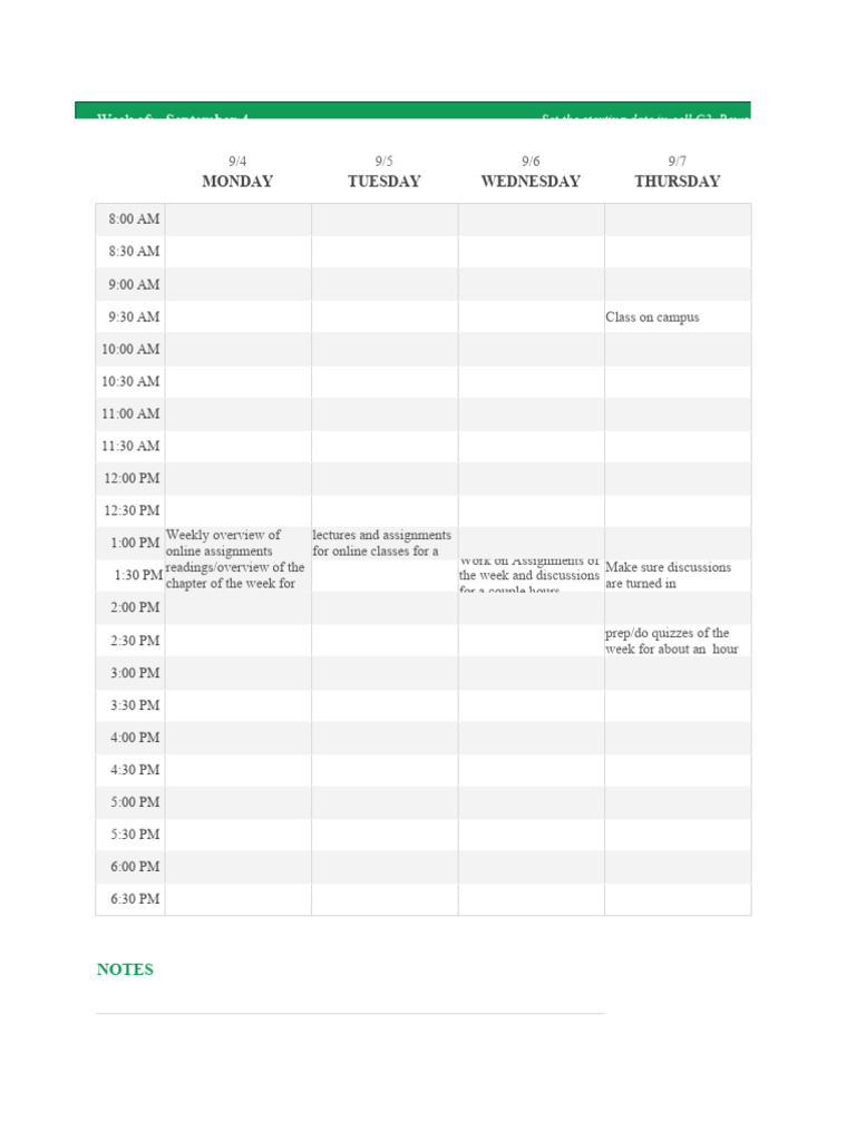 Weekly Class and Assignment Schedule | PDF