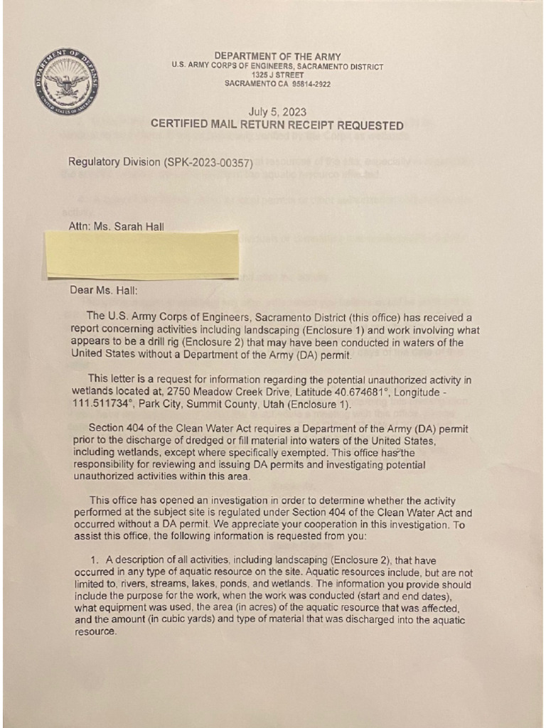 U.S. Army Corps of Engineers Letter | PDF