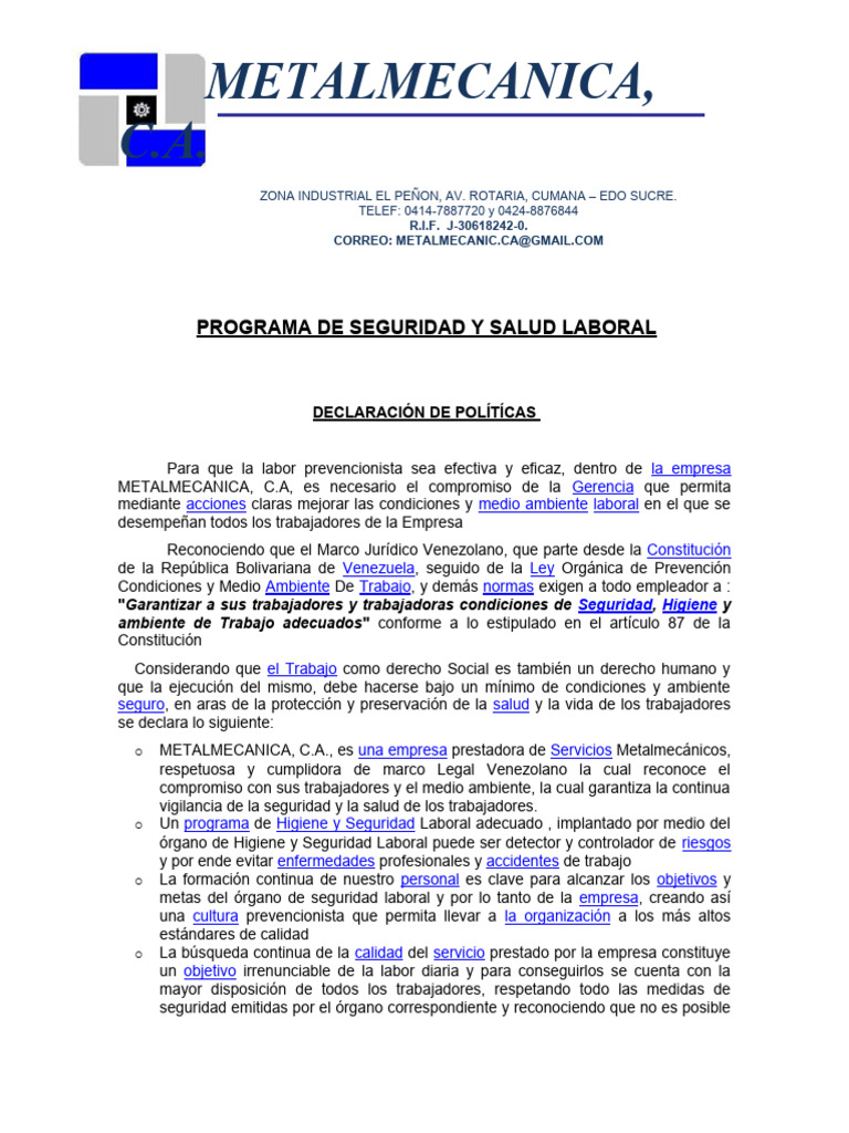 Programa de Seguridad y Salud Laboral - Pagina 1 | PDF | Seguridad y ...