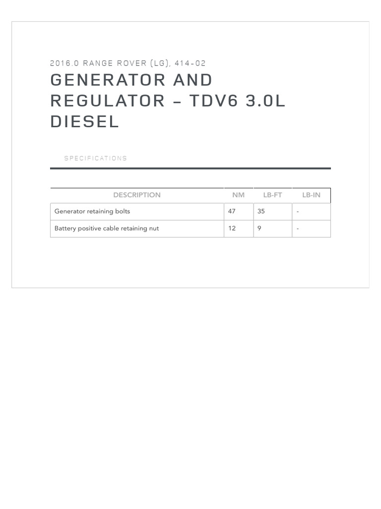 2016 Range Rover TDV6 Generator Specs | PDF | Direct Current | Power Supply
