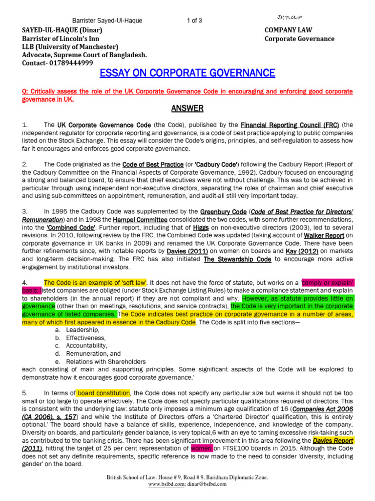 UK Corporate Governance Code Analysis | PDF | Finance & Money ...