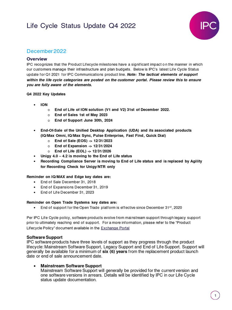 IPC Communications Product Life Cycle Summary Q4 2022 | PDF | Computer Science | Computing