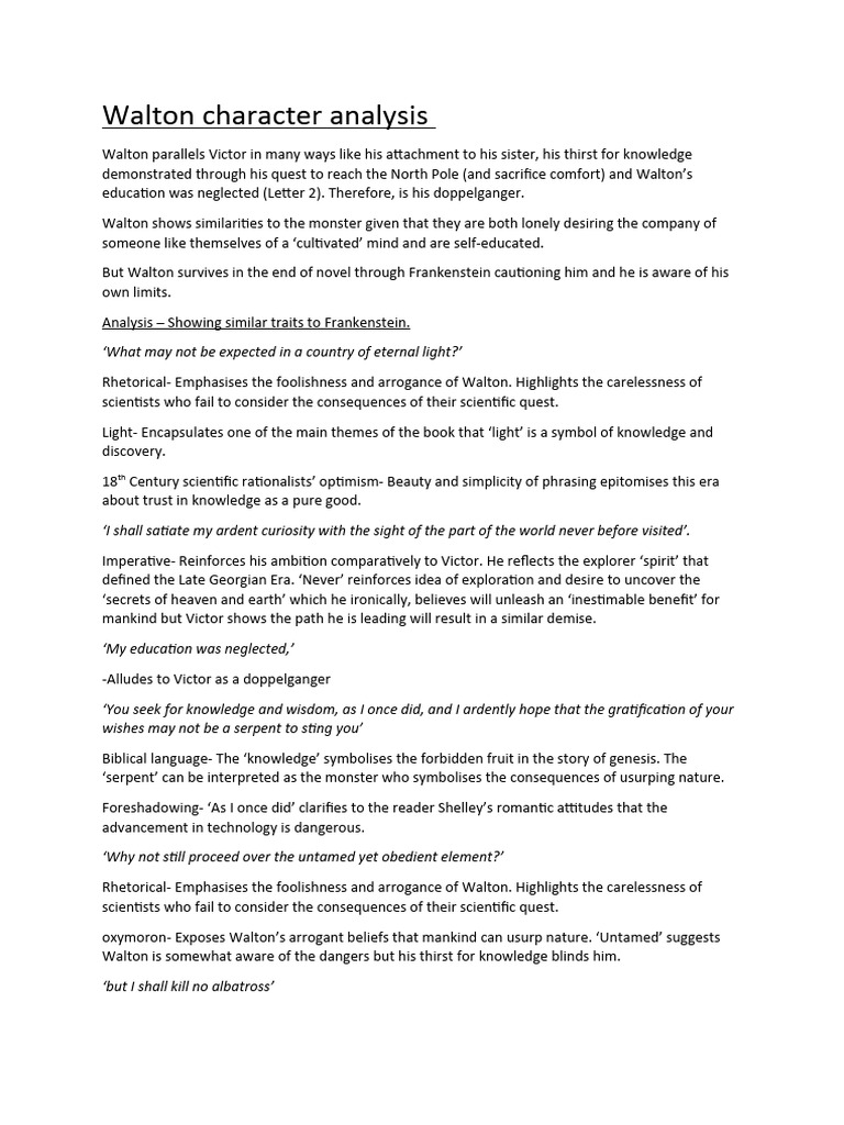 Walton Character Analysis | PDF | Frankenstein