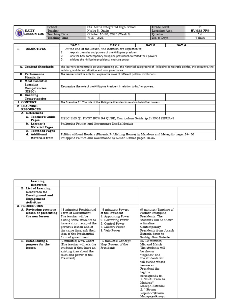 PPG-Q1 Module 8 DLL | PDF | President Of The Philippines | World Politics