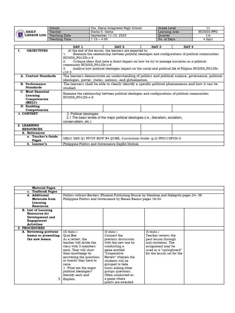 PPG-Q1 Module 3 DLL | PDF | Ideologies | Teachers