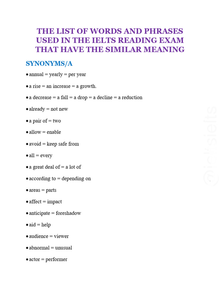 IELTS Reading Synonyms List | PDF | Mental Disorder