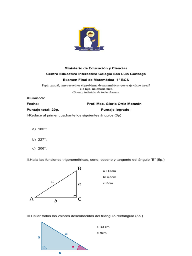 Examen Final de Matematica-1° Curso | PDF