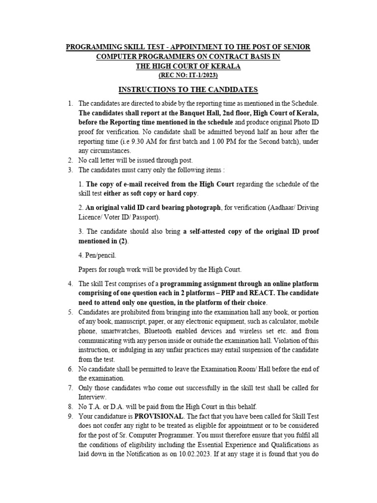 Instructions To Candidates - Skill Test - Sr. Computer Programmers ... Instructions To Candidates - Skill Test - Sr. Computer Programmers ...