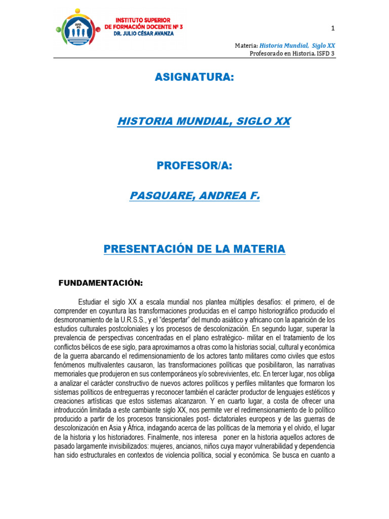 PRESENTACIÓN DE LA MATERIA HISTORIA MUNDIAL SIGLO XX Prof. en Historia ...