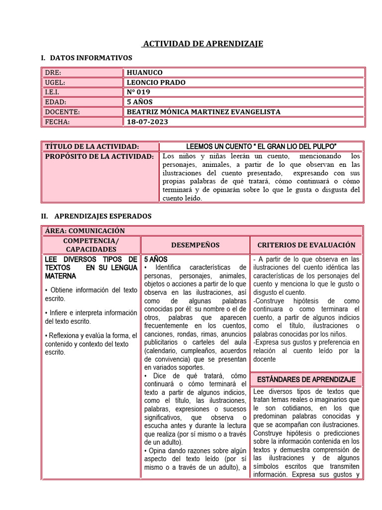 Actividad de Lectura: El Gran Lío del Pulpo | PDF | Evaluación ...