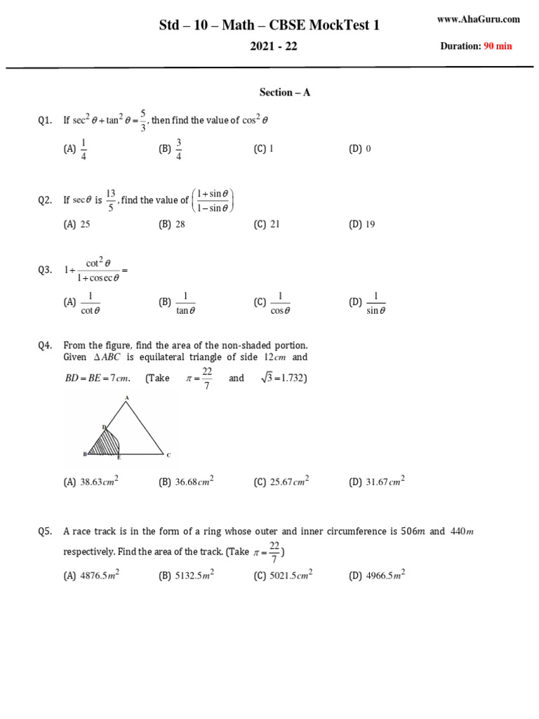 Std 10 Math Ts Cbse Mock Test 1 Pdf