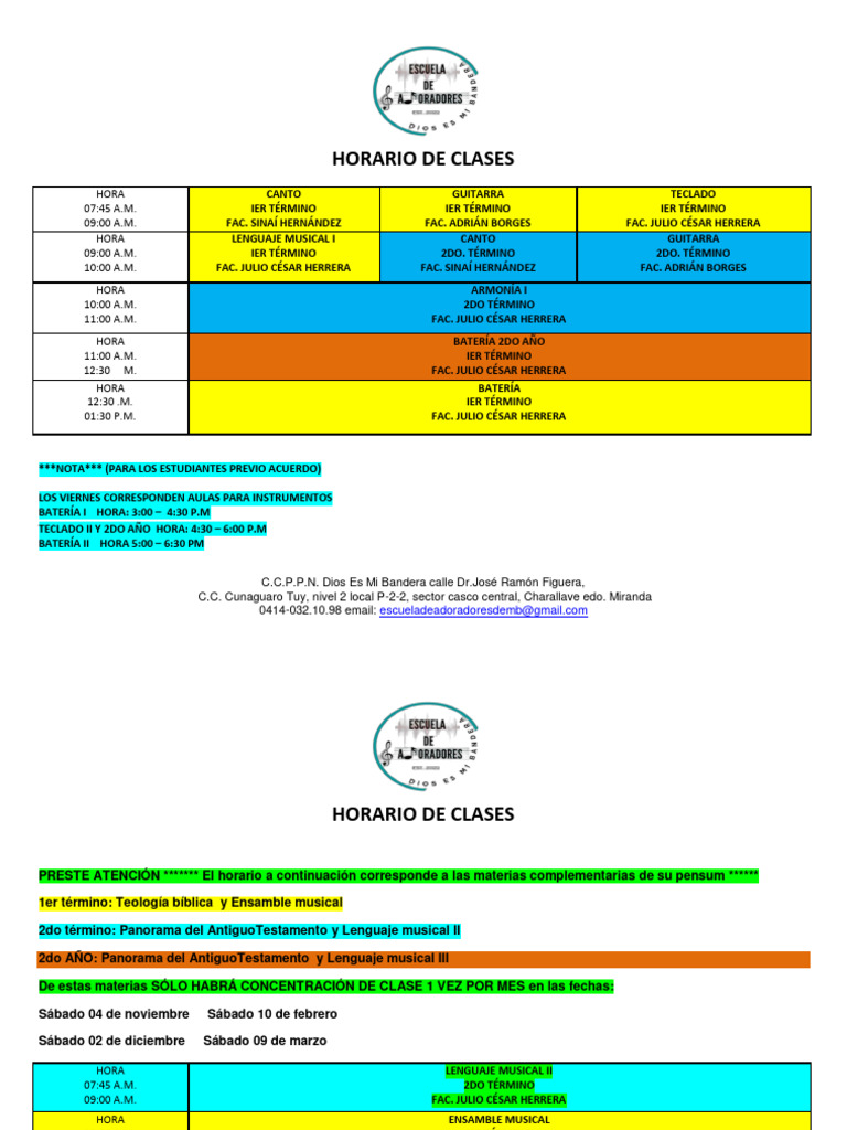 Horario de Clases II - I Termino y II Año - Escadoradores2023-2024 - 1.1 | PDF