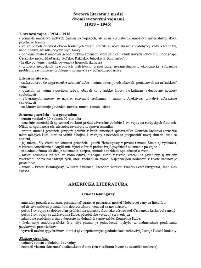 Svetová Literatúra Medzi Dvomi Svetovými Vojnami (1918 - 1945) | PDF