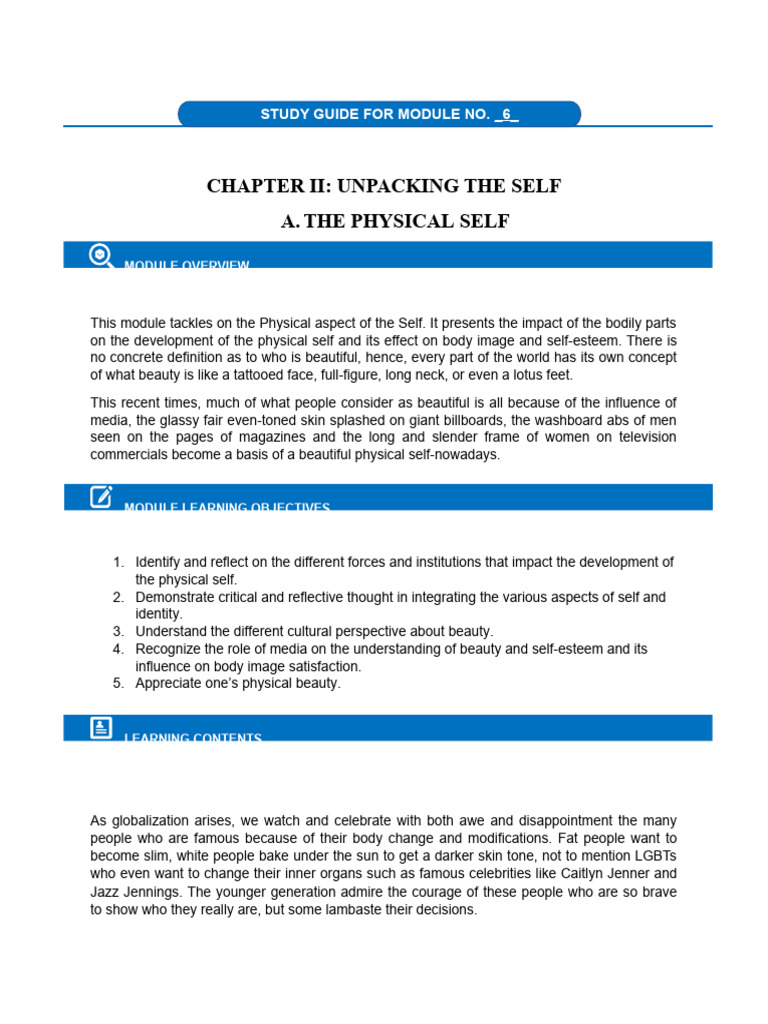 Module 6 The Physical Self | PDF | Body Image | Self Esteem