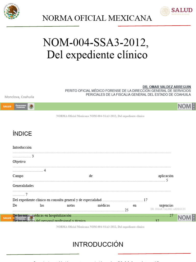 NORMA OFICIAL MEXICANA NOM-004-SSA3-2012, Del Expediente Clínico. DR OMAR VALDEZ ARREGUIN | PDF ...
