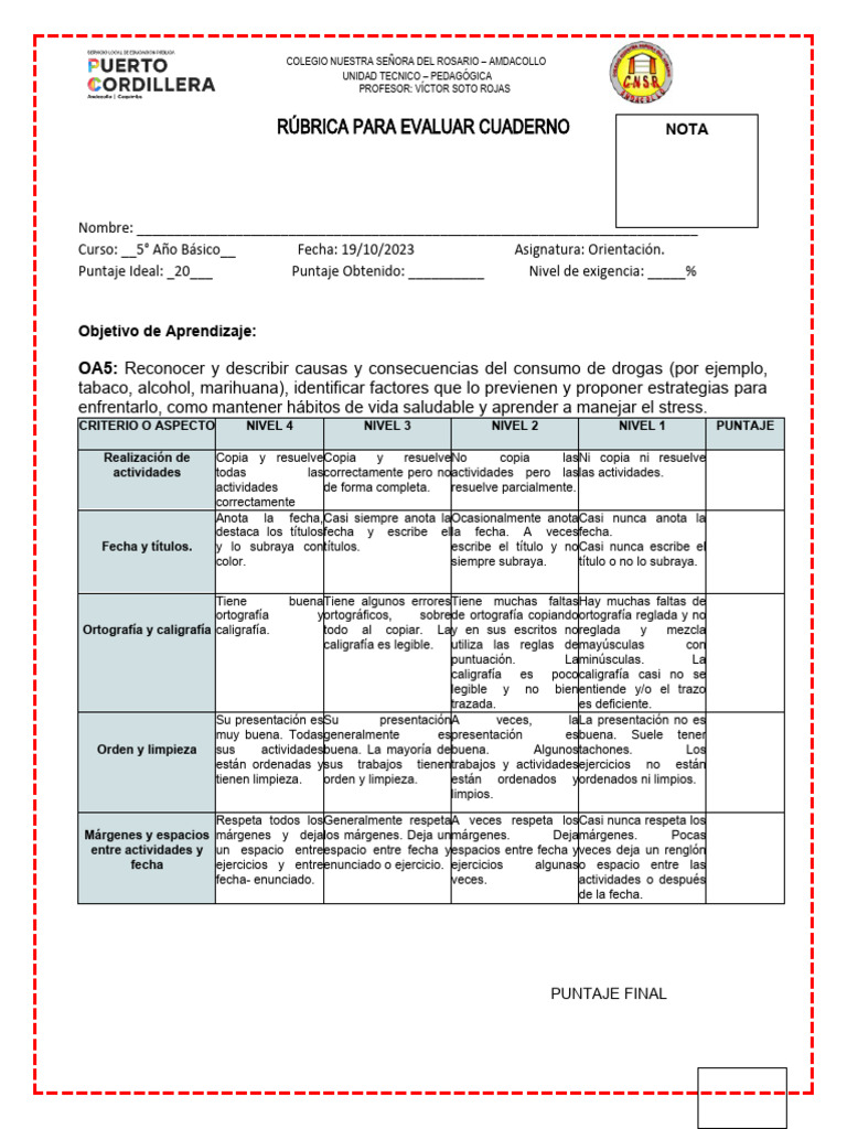 Rúbrica para Evaluar Trabajo en Clases (Cuaderno) Orientación 5to | PDF