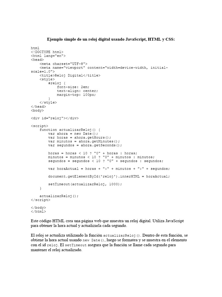 Ejemplo simple de un reloj digital usando JavaScript, HTML y CSS | PDF