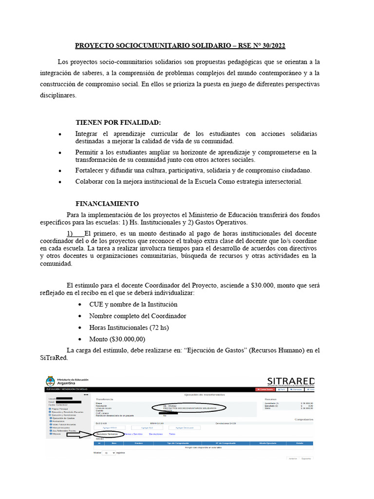 Instructivo Proyecto Sociocumunitario Solidario 2022 | PDF | Maestros | Presupuesto