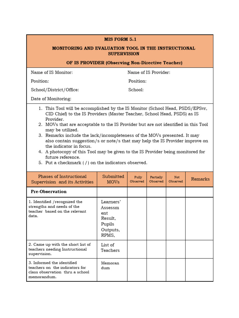 MIS FORM 5.1 M&E Observing Non-Directive | PDF | Teachers | Change